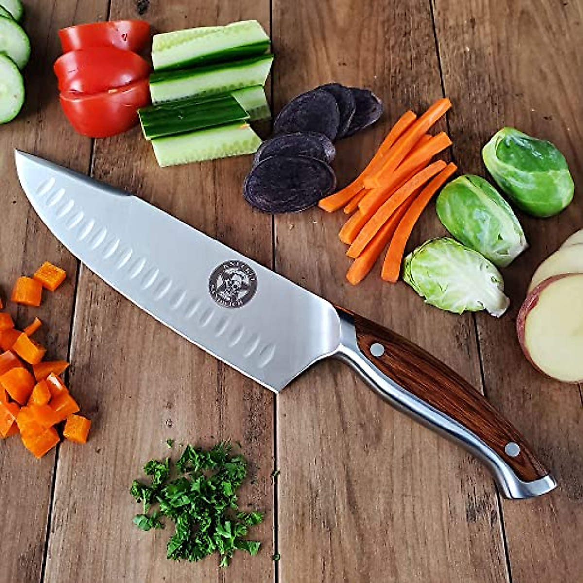 Ergo Chef Guy Fieri Knuckle Sandwich 8-Inch Chef's Knife 8081 Premium 7CR17MoV Stainless Steel Blade Hollow Ground blade Custom Style Tip, Ergonomic Pakkawood Handle