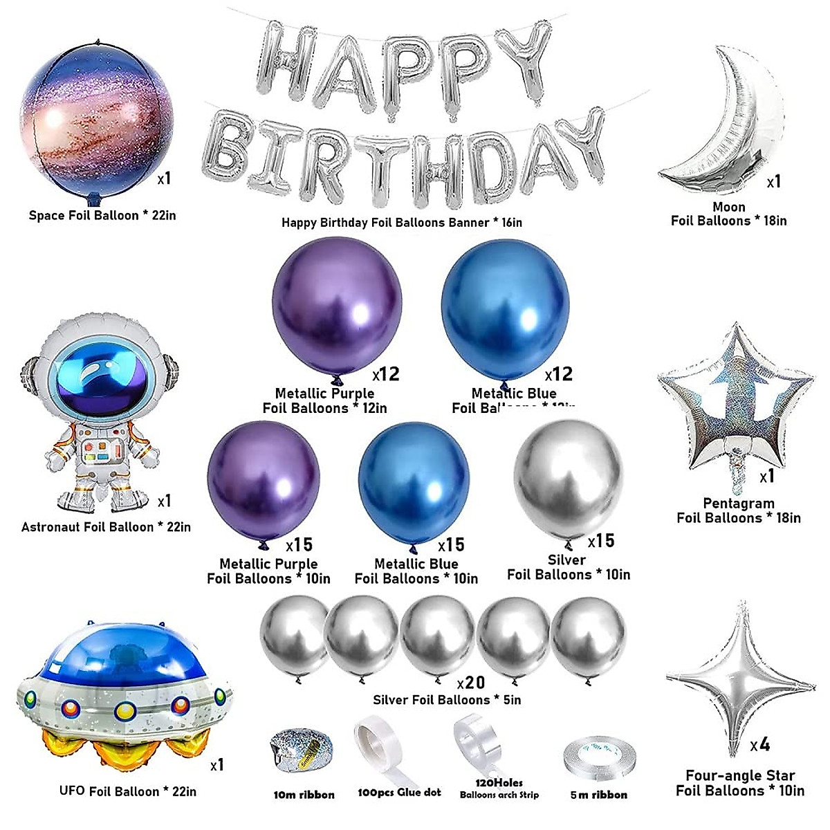 Outer Space Balloon Garland Kit, 115Pcs Universe Space Planets Party Balloon Garland Kit Included Happy Birthday UFO Rocket Astronaut Galaxy Moon Star Balloons for Kids Birthday Party Decorations