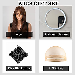 Doremiy Brown Wig with Bangs Natural Medium Length Straight Wigs for Women Heat Resistant Fiber Synthetic Wigs for Daily Cosplay