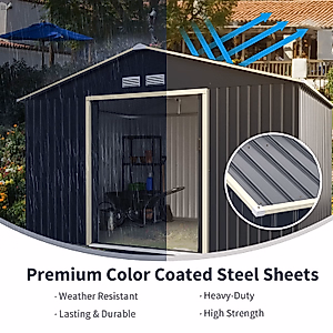 IRONMAX 11x8 FT Outdoor Storage Shed, Galvanized Steel Garden Shed w/Double Sliding Doors & Air Vent for Lawnmower Tool Bike, Heavy Duty Tool Storage House for Backyard Patio Lawn
