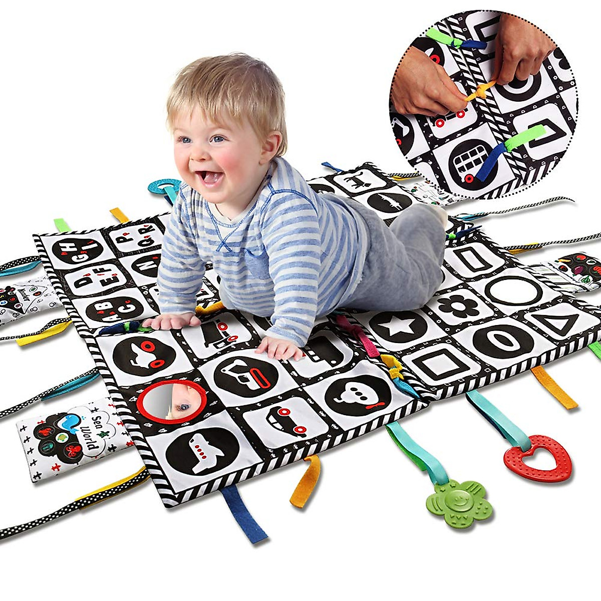 teytoy Tummy Time Floor Mirror, Double High Contrast Play and Pat Activity Mat Black and White Baby Crinkle Toys with Teether, Great Gift for Infants Boys and Girls -Pack of 4