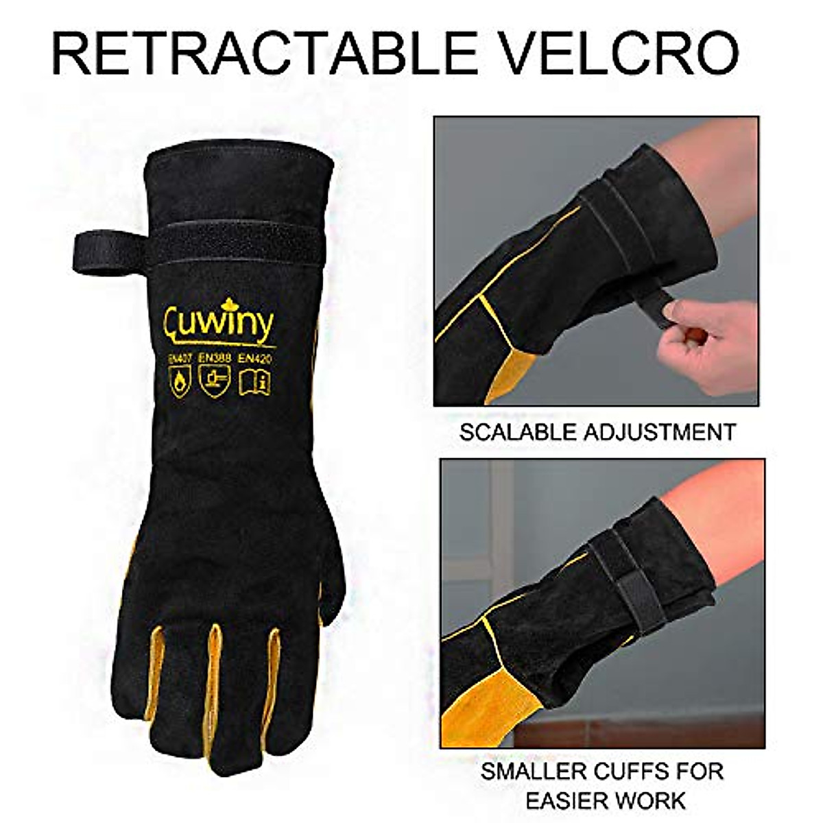Cuwiny Welding Gloves, 1112°F Heat/Fire Resistant/Leather Forge Gloves, with Kevlar Stitching String, 16 inches Extra Long Sleeve and Fireproof Hook and Loop Tape,fit for Mig/Tig
