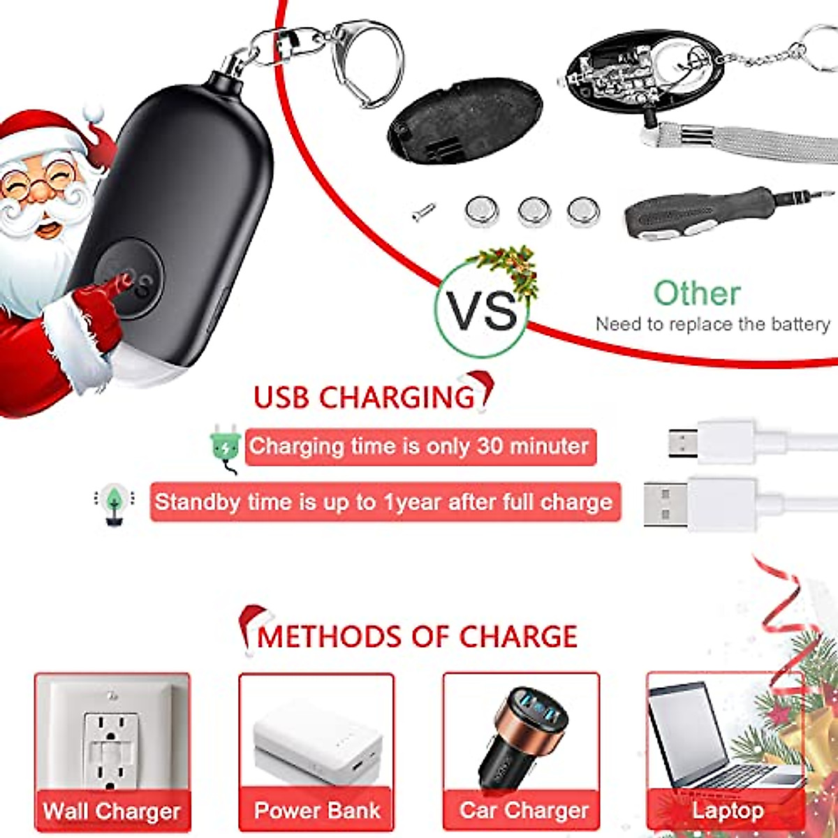 Safe Sound Personal Alarm - 130dB USB Rechargeable Keychain Alarm Self Defense Security Alarm with Mini Emergency LED Light for Women Kids Elderly