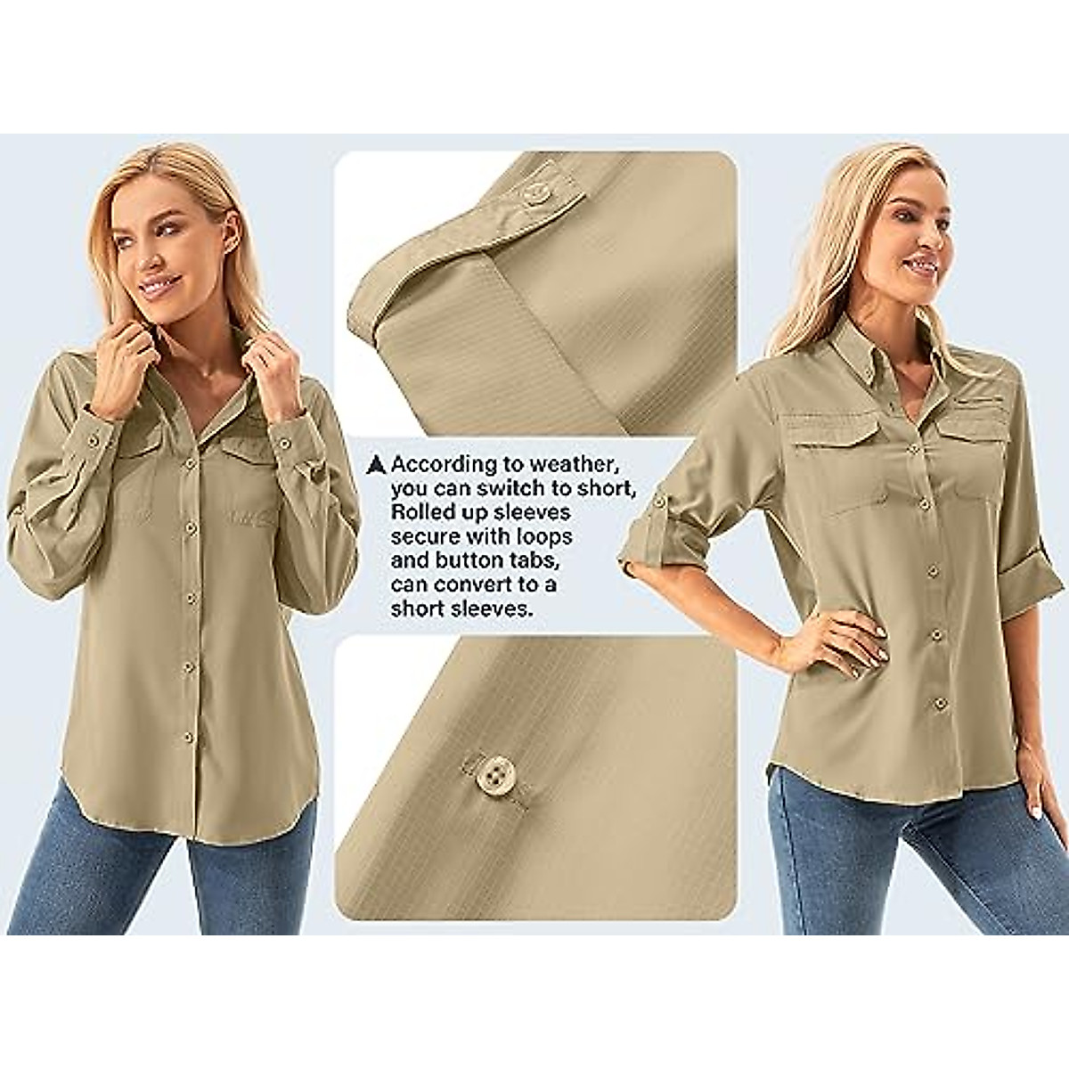 Womens UPF 50+ UV Sun Protection Safari Shirts Long Sleeve Outdoor Cool Quick Dry Fishing Hiking Gardening Shirts (5072 Khaki L)