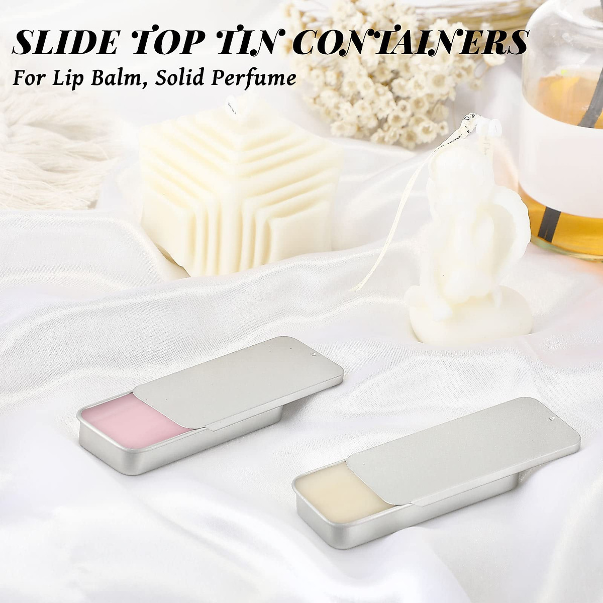 Norme 40 Pcs Small Slide Top Tin Lip Balm with Lids Rectangular Metal Containers for Lip Balm Candies Jewelry Crafts Pills Storage Kit(3.15 x 1.38 x 0.43 Inch,Silver)