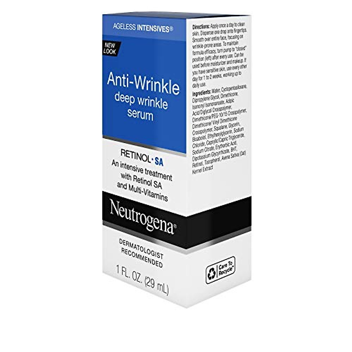 Neutrogena Ageless Intensives Anti-Wrinkle Retinol Serum, Deep Wrinkle Daily Serum with Retinol SA, Vitamin E, and Vitamin A, Anti-Wrinkle Serum Treatment, 1 fl. oz