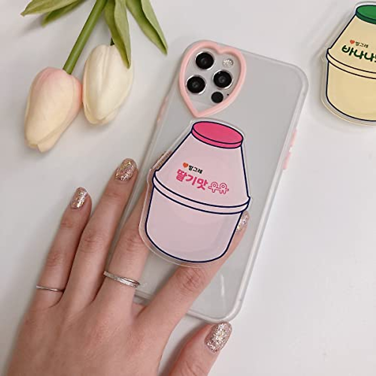 ONLYOU GRIPTOK Phone Grip Holder Hand Korea Simple Cute Stylish Smartphone Stand Design Uyu Milk Hangule Unique Matching Funny Strawberry