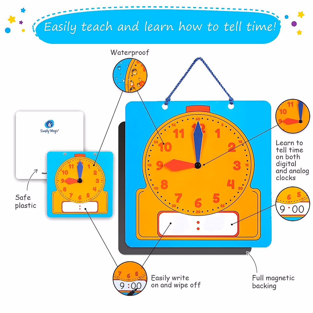Simply magic 24+1 Learning Clock for Kids - Classroom Clock Set, Magnetic Demonstration Clock, Teaching Clock, Learning Clocks for Kids to Tell Time, Interactive Clock for Kids, Clock Manipulatives