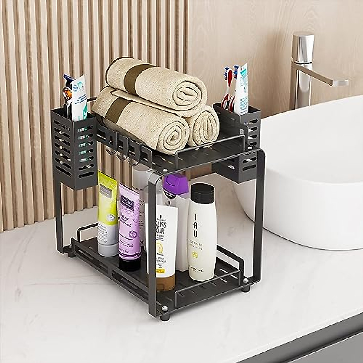 junyuan Large Bathroom Organizer Countertop,2 Tiered Bathroom Organizer Shelves with Toothbrush Holders,Bathroom Counter Storage Rack with Basket and Hooks Metal Black