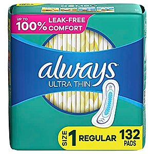 Always Ultra Thin Pads for Women, Size 1 Regular Absorbency Without Wings Unscented, 44 Count x 3 Packs (132 Count total)