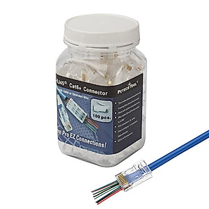 PETECHTOOL 100-Pack RJ45 CAT6A CAT6 Pass Through Connectors 23AWG Cables-End Bold UTP Ethernet 8P8C Gold Plated Modular Plug for Unshielded Twisted Pair Solid Wire Standard Cables