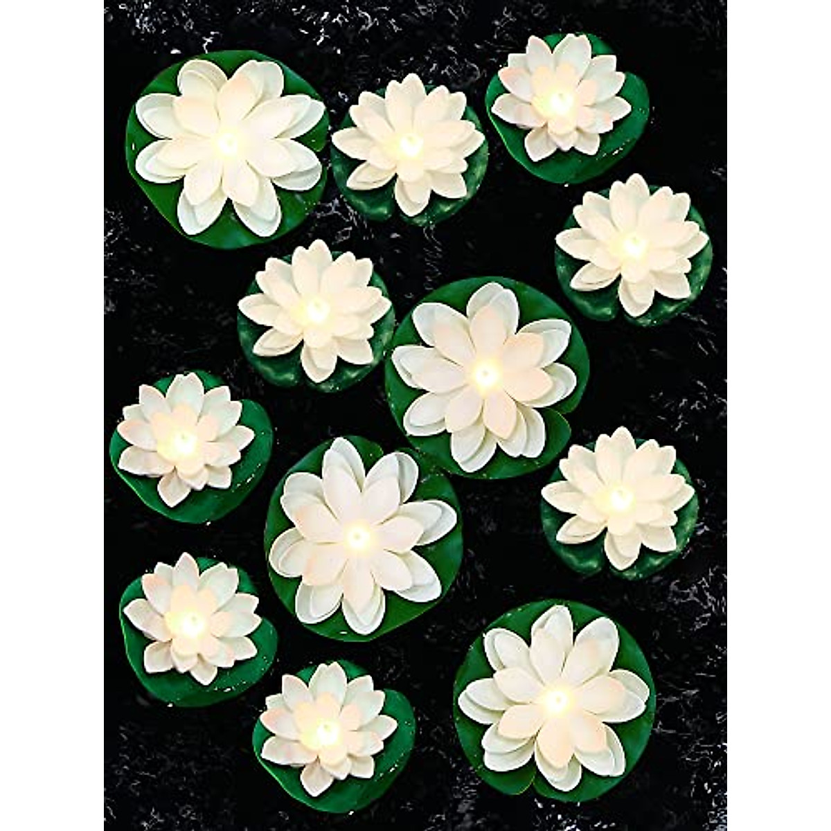 12 Pcs Floating Pool Lights Lotus Floating Lanterns LED Lifelike Floating Lamp Battery Operated Lily Pad Flower Candle Fun Pool Accessories for Pond Decor, Yellow Light (White, 3.94/5.91 Inch)