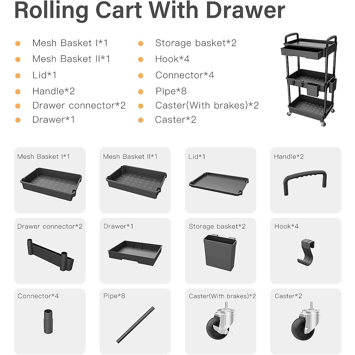 SORGION 3 Tier Rolling Cart Organizer,Laundry Room Bathroom Organizers and Storage Office Shelves Mobile Shelving Unit Kitchen Trolley Cart with Wheels for Art,Craft,Diaper,Bedside,Snack(Black)