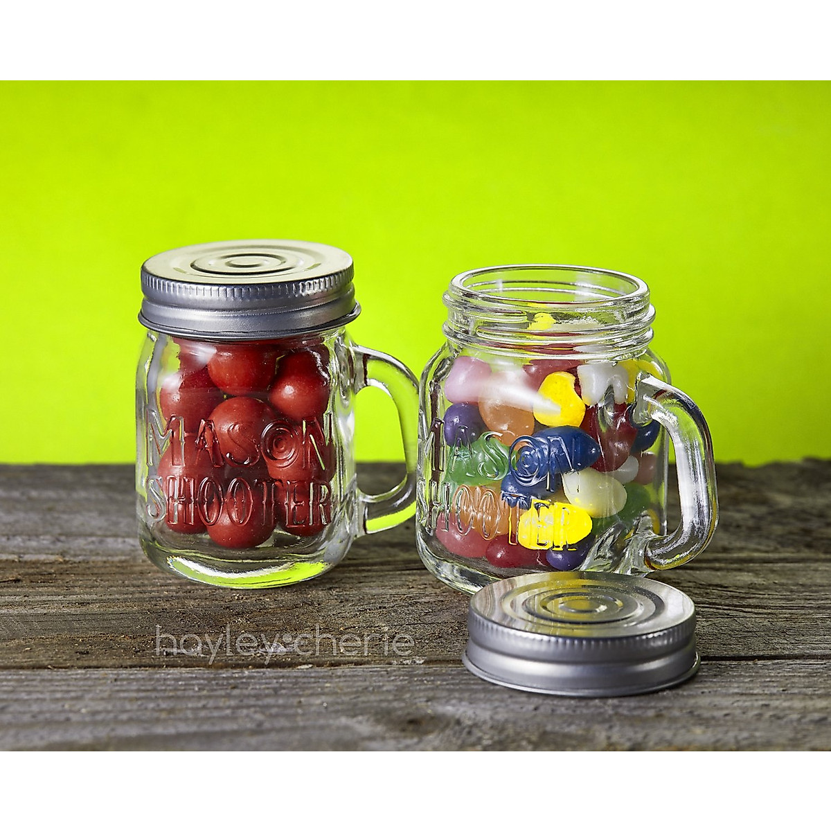 Hayley Cherie Mason Jar Shot Glasses with Leak Proof Lids (Set of 8) Mini Mason Shooter with Handles 2oz for Drinks, Liqueurs, Favors, Desserts, Parties, Gifts