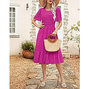 Kranda 2023 Women Summer Casual Short Sleeve Solid Midi Dress Round Neck Flutter Sleeve Smocked Ruffle Swing Flowy Swiss Dot Hot Pink Dress XL