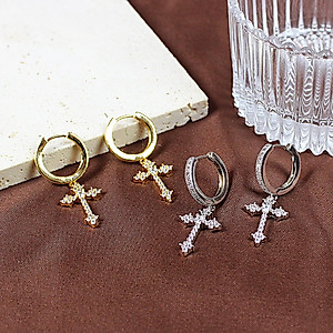 TKMIRA 14K Gold/Silver Plated Cross Earrings Men Women Hypoallergenic Cubic Zirconia Dangle Hoop Earrings (cross3-silver)