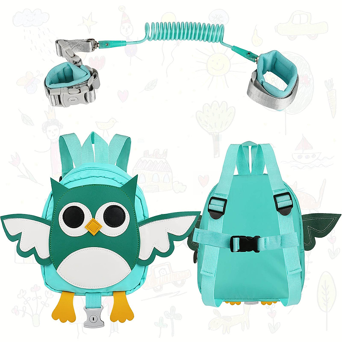Yuepin Backpack Leash for Toddlers + Anti Lost Wrist Link, Owl Kids Backpack Harness with Leash for 1-5 Years Old Boys and Girls Christmas Gift (Owl Blue)