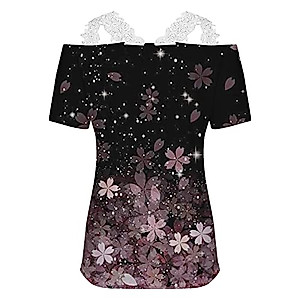 KSODFNXH Sleeveless Blouses for Women Summer Lace Patchwork Off-The-Shoulder Shirts Comfy Fashion V-Neck Short Sleeve