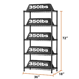 SINGAYE 5 Tier Adjustable Heavy Duty Storage Shelving Unit 1750LBS Shelves 18"D x 36"W x 71"H Black Industrial Garage Organizers