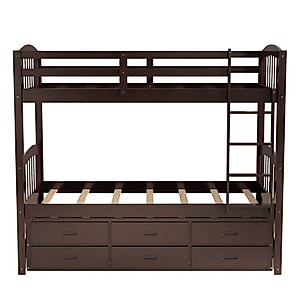 Harper & Bright Designs Twin Over Twin Bunk Bed with Trundle and Storage Drawers Wood Bunk Beds Frame for Kids Girls Boys Teens, Espresso