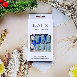 SHANRUN Press on Nails Medium Square Blue Fake Nails Glitter Powder Press ons Nails Tips Full Cover False Nails Stick on Nail Glue on Nails Acrylic Artificial Press on Nail Kit for Women 24 Pcs