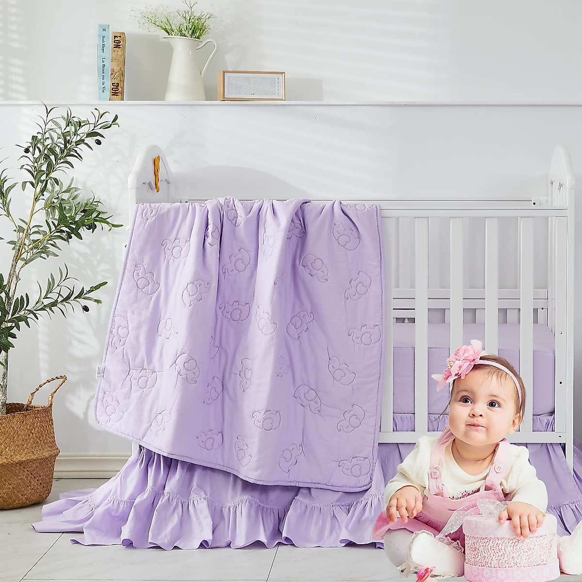 Brandream Crib Bedding Sets for Girls with Purple Elephant Embroidery 100% Washed Pure Cotton Baby Nursery Bedding Set 3 Pieces