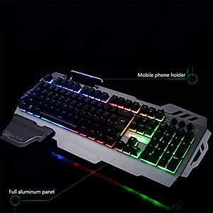 MUMUJJ Computer Gaming Mechanical Keyboard, 7-Color Rainbow Backlit Effect, with Mobile Phone Holder, Multimedia Shortcuts, Black