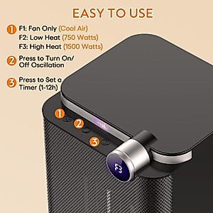 Elevoke Space Heater, Space Heaters for Indoor Use, 1500W PTC Electric Heaters with 90°Oscillating, 3 Modes, 12H Timer, Overheat Protection, Fast Heating Safe Small Heater Fan for Home Office Bedroom