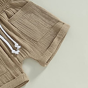 Nyapruwe Toddler Baby Boys Summer Clothes Short Sleeve T-shirt Elastic Waistband Rolled Short Cotton Linen 2Pcs Outfits (White, 18-24 Months)