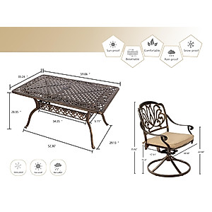 Grepatio 7 Piece Patio Dining Set Outdoor Dining Set Cast Aluminum Furniture Set with 6 Dining Swivel Chairs with 6 Cushions and Dining Table for Backyard Garden Deck Poolside (Khaki)