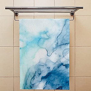 Vantaso Bath Hand Towels Set of 2 Ombre Blue Marble Soft & Absorbent Washcloths Towel for Bathroom Kitchen Hotel Gym Spa