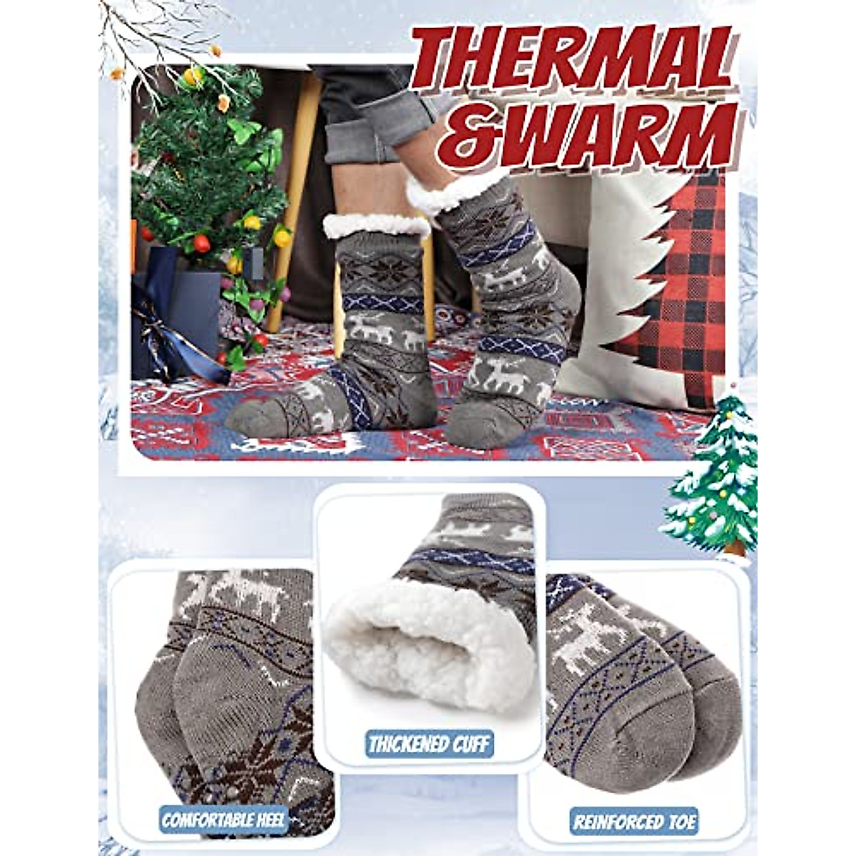 ProEtrade Slipper Socks for Men Fuzzy Fluffy Winter Cozy Cabin Warm Thick Fleece Comfy Non Slip Home Grips Socks Stocking Stuffer Christmas White Elephant Gift(Light Grey)