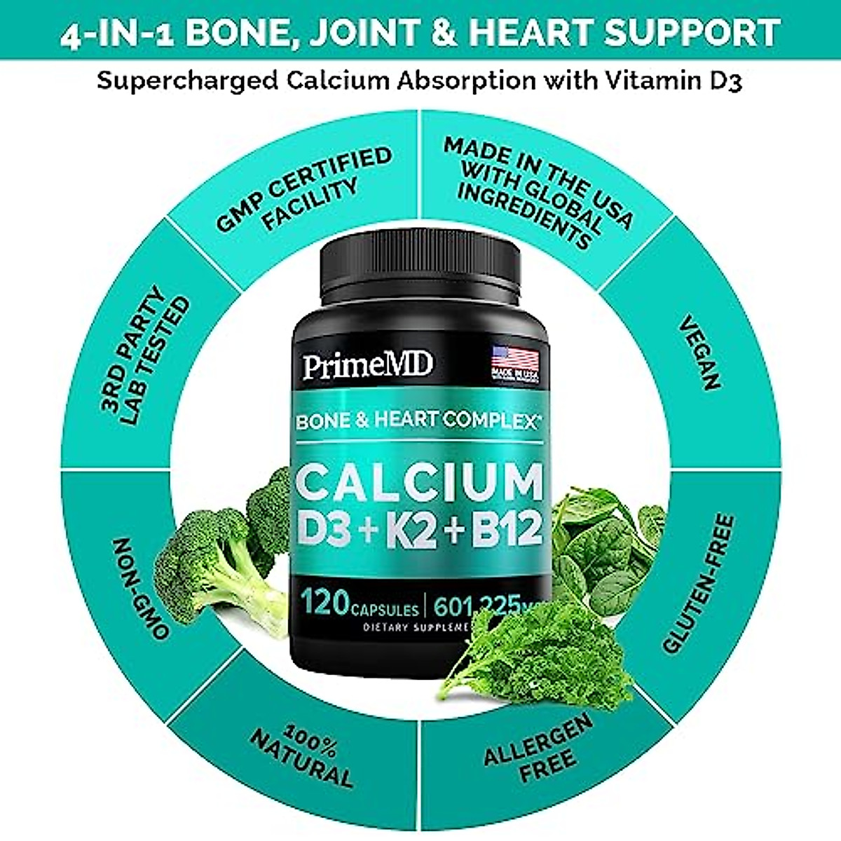 4-in-1 Calcium Supplements for Women & Men - Calcium 600mg with Vitamin D3 K2 B12 - Vitamin D3 K2 5000 IU Supplement for Heart, Bone & Immune Support - Gluten-Free, Non-GMO, Vegan Friendly (120 count)