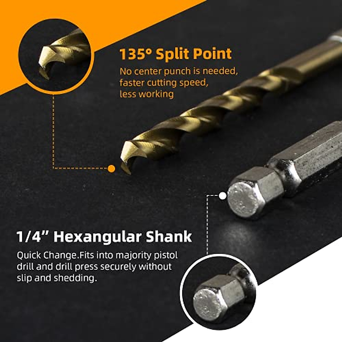 AugTouf 1/4" Hex Shank Drill Bits (10Pcs), Premium 4341 HSS Titanium Impact Hex Drill Bits for Wood, Steel, Metal, Plastic, Quick Change Design