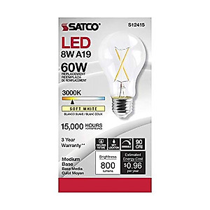 Satco Dimmable Led Filament Lamps, S12415, High Lumens, 8 Watt, A19; Clear; Medium Base; 3000K; 90 CRI; 120 Volt for use at Residential, Hospitality, Display and Commercial (6 LED Light Bulbs)
