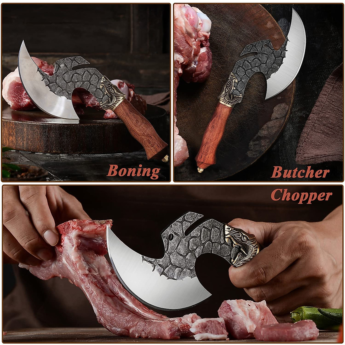 ROCOCO Heavy Duty Meat Cleaver Bundle with Butcher Knife for Meat Cutting Outdoor BBQ Camping Hunting Viking Gift Men