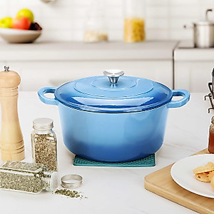 Herogo 6 Quart Enameled Cast Iron Dutch Oven with Lid and Silicone Trivet Mat, Round Dutch Oven Pot Blue with Dual Handles for Bread Baking Stewing Roasting Various Stoves & Oven Safe