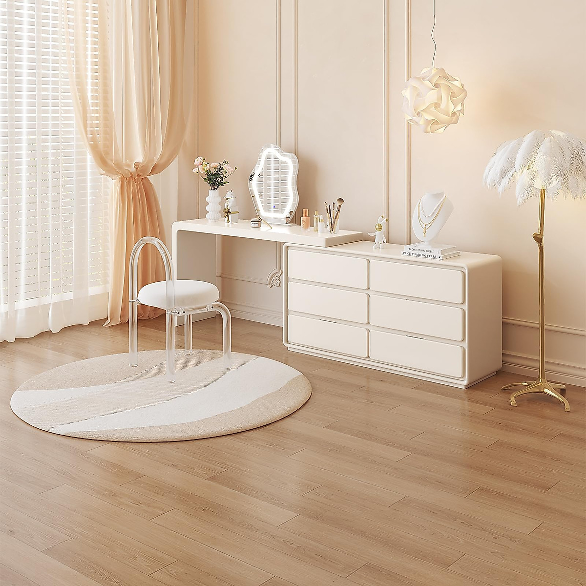 Guyii Makeup Vanity Set, Extendable Vanity Table with 6 Drawers, Modern Dressing Table with LED Makeup Mirror and Chair, Girl's Dresser, Bedroom Dresser