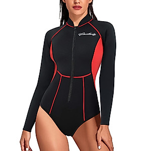 CtriLady Women Neoprene Wetsuit, Shorty Wetsuit for Women, 1.5mm Long Sleeve Diving Suits with Front Zipper UV Protection for Swimming Diving Snorkeling (Red,S)