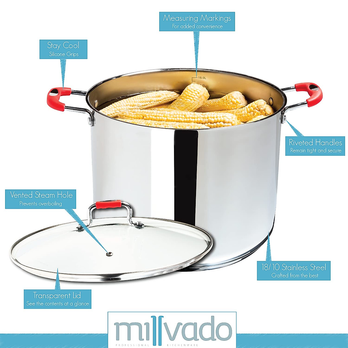 Millvado Stock Pot, 6 Quart Stainless Steel Pot, StockPot With Clear Glass Lid, Steam Hole, Permanent Measurement Markings, Gas, Electric and Induction Compatible Boiling Pot