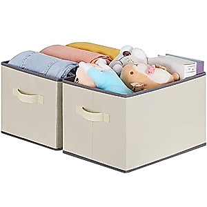 LHZK Storage Baskets for Shelves, Fabric Storage Baskets for Organizing, Foldable Closet Storage Bins, Storage Bins for Shelves with Handles, Cloth Storage Bins for Organizing, Large, Beige, 2-Pack