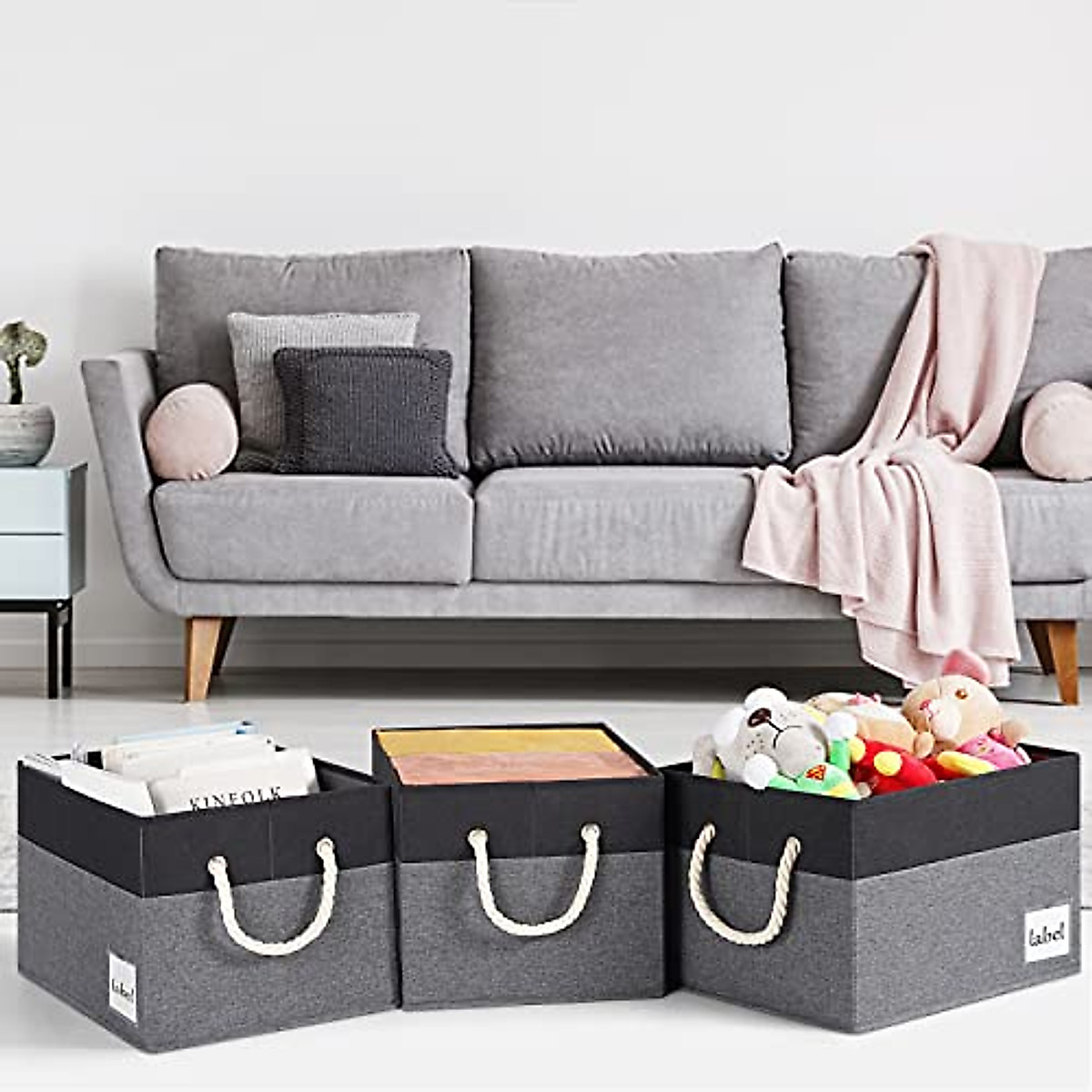RVSNQ Large Fabric Storage Bins, Closet Storage Bins with Cotton Rope Handle and Label, Foldable Storage Boxes for Organizing, Storage Baskets for Shelves Bedroom Closet Office(3-Pack, Grey&Black)