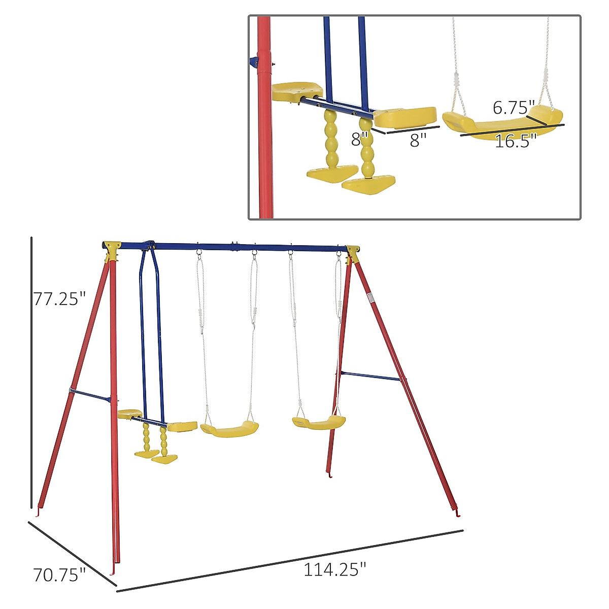 Outsunny Metal Swing Set with Glider, Two Swing Seats and Adjustable Height, Outdoor Heavy Duty A-Frame Suitable for Playground, Backyard, Multi-Color