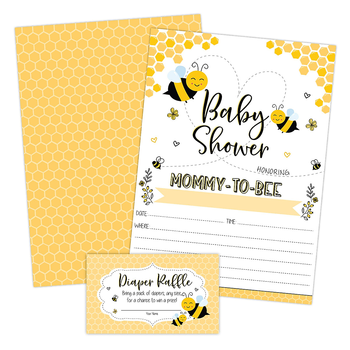 Your Main Event Prints Mom To Bee Baby Shower Invitations, Neutral Yellow Bee Baby Shower Invites with Diaper Raffles Cards, Sprinkle, 20 Invites Including Envelopes