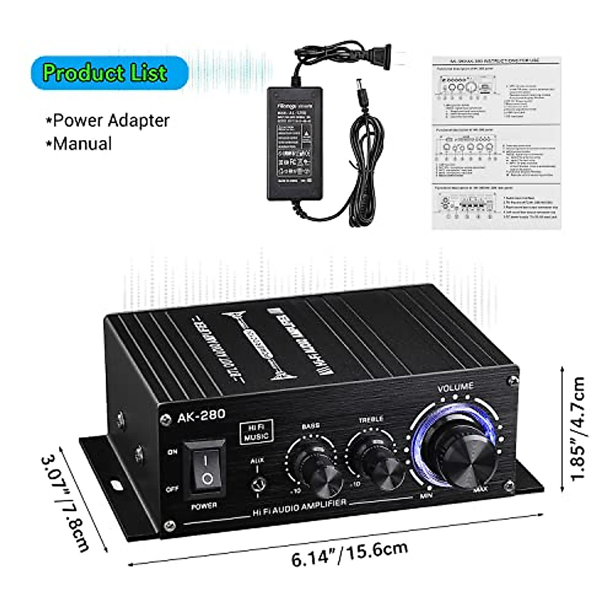 Facmogu AK280 200W+200W Mini 2.0 CH Audio Power Amplifier, 2.0 CH Receiver Speaker Amp with 12V 5A Power Supply, Bass & Treble Control Music Player Sound Amplifier for Car Home Garage