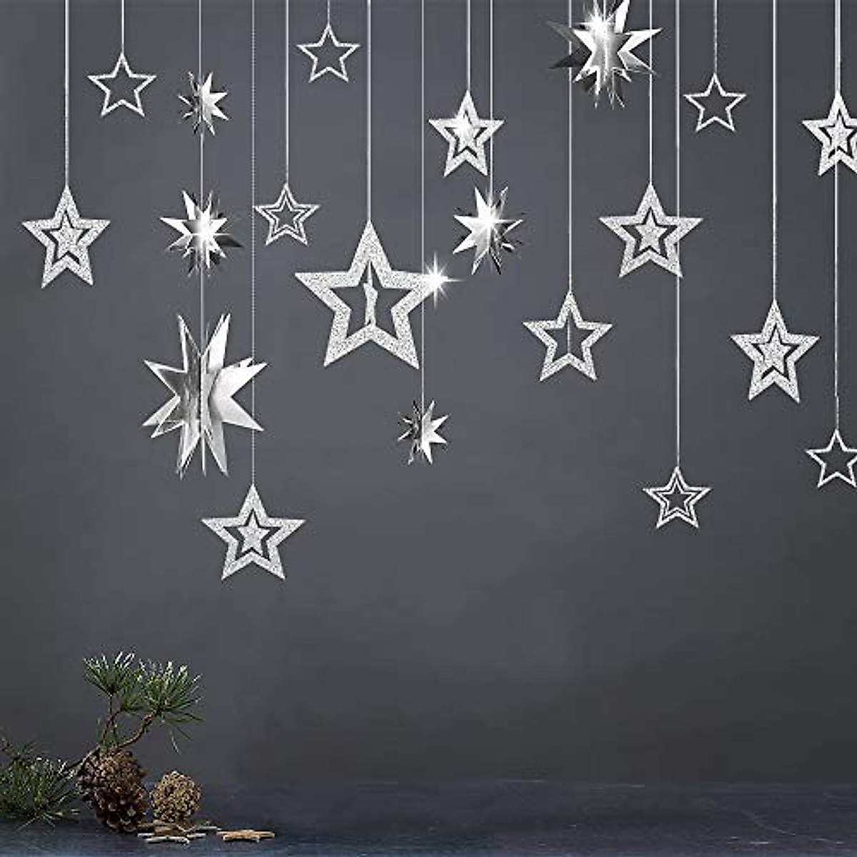 Glitter Silver Star Garlands 3D Star Decorations Hanging Paper Garland Twinkle Star Birthday Party Supplies Anniversary Engagement Wedding Baby Shower Christmas Graduation New Year Ramadan EID