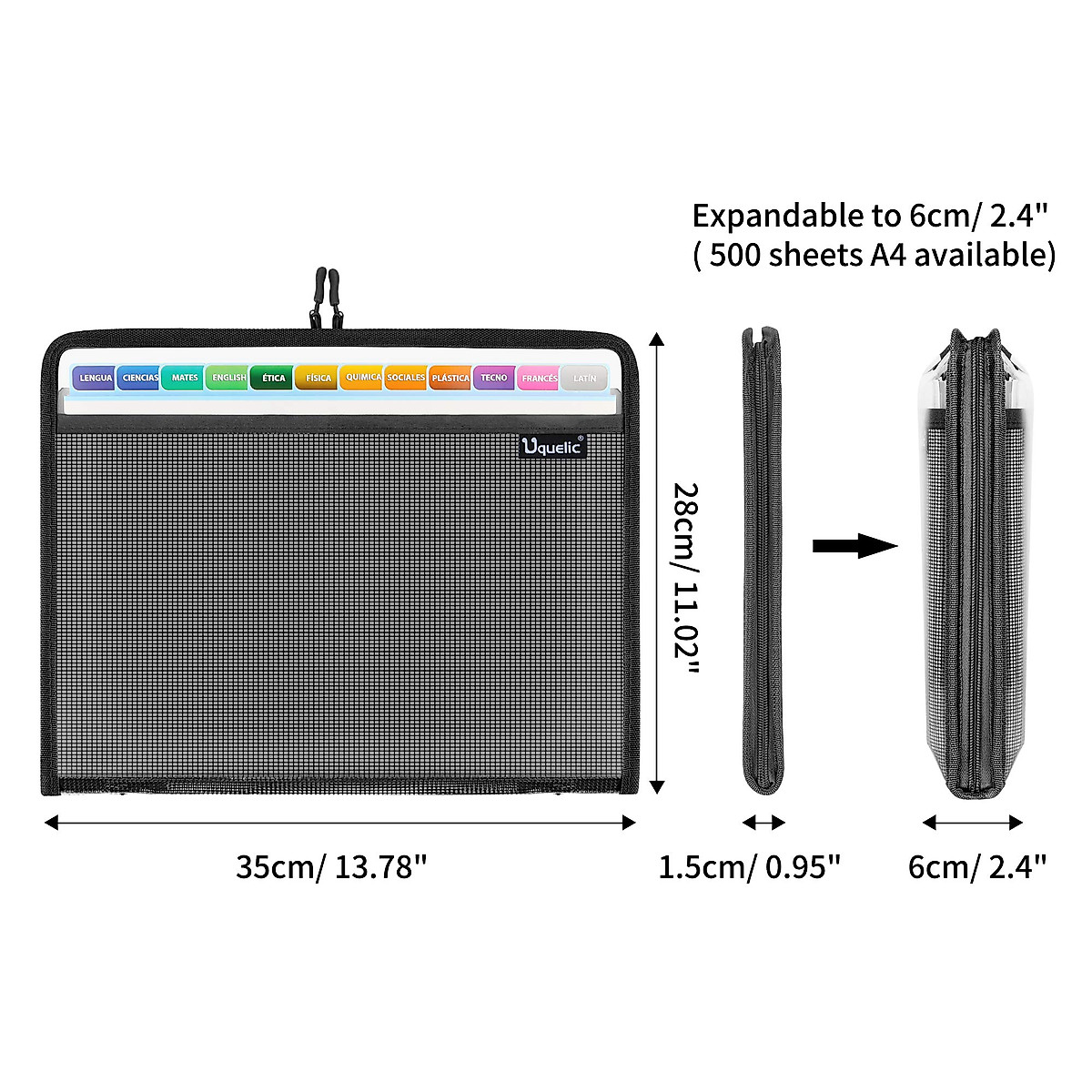 Uquelic 13 Pocket Zip Expanding File Folder, A4, Black, Vinyl