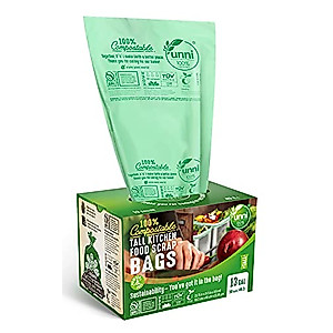 UNNI 100% Compostable Bags, 13 Gallon, 49.2 Liter, 50 Count, Heavy Duty 0.85 Mil, Tall Kitchen Food Scrap Waste Bags, ASTM D6400, EN 13432, US BPI and Europe OK Compost Home Certified, San Francisco
