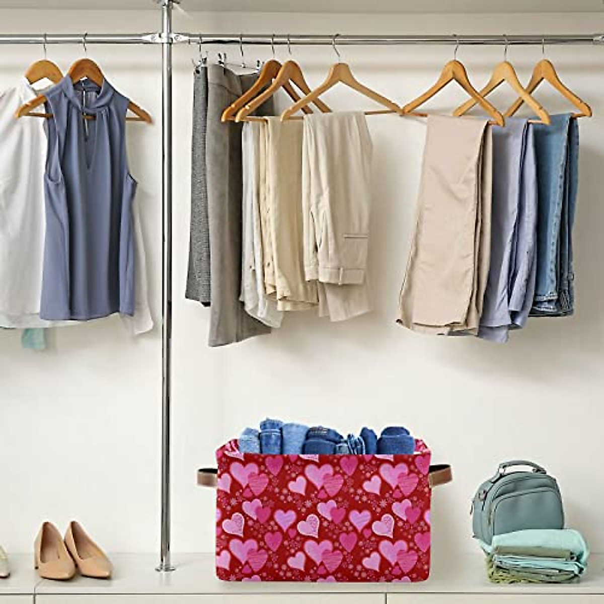 Wusikd Valentines Day Red Heart Storage Basket Set of 1 Large Fabric Flowers Spring Storage Basket Bins Box Cube with Handles Collapsible Closet Shelf Clothes Organizer Basket for Nursery Bedroom