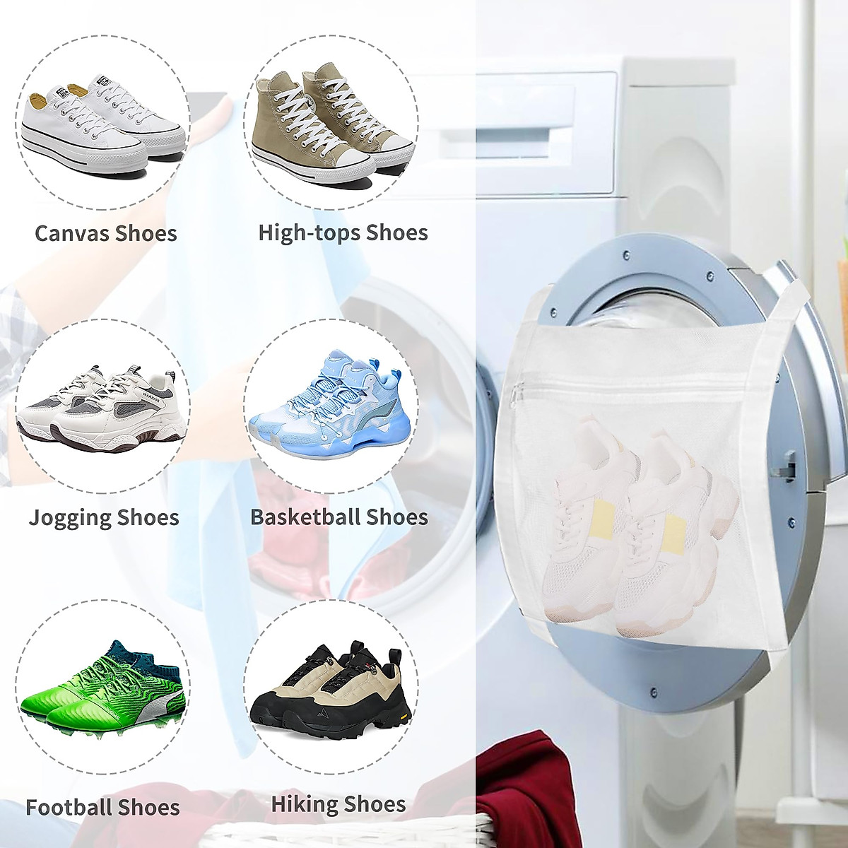 2PCS Sneaker Dryer Bag 15.7x13.8in Sneaker Washing Mesh Net for Most Dryers Door, with Elastic Straps Zippers Polyester Reusable Honeycomb Net Laundry Bags for Sneakers, Clothing, Laundry(White)